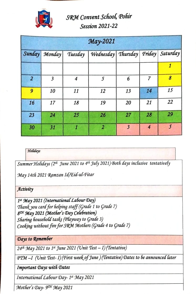 Academic & CCA planner for May 2021 – SRM Convent School