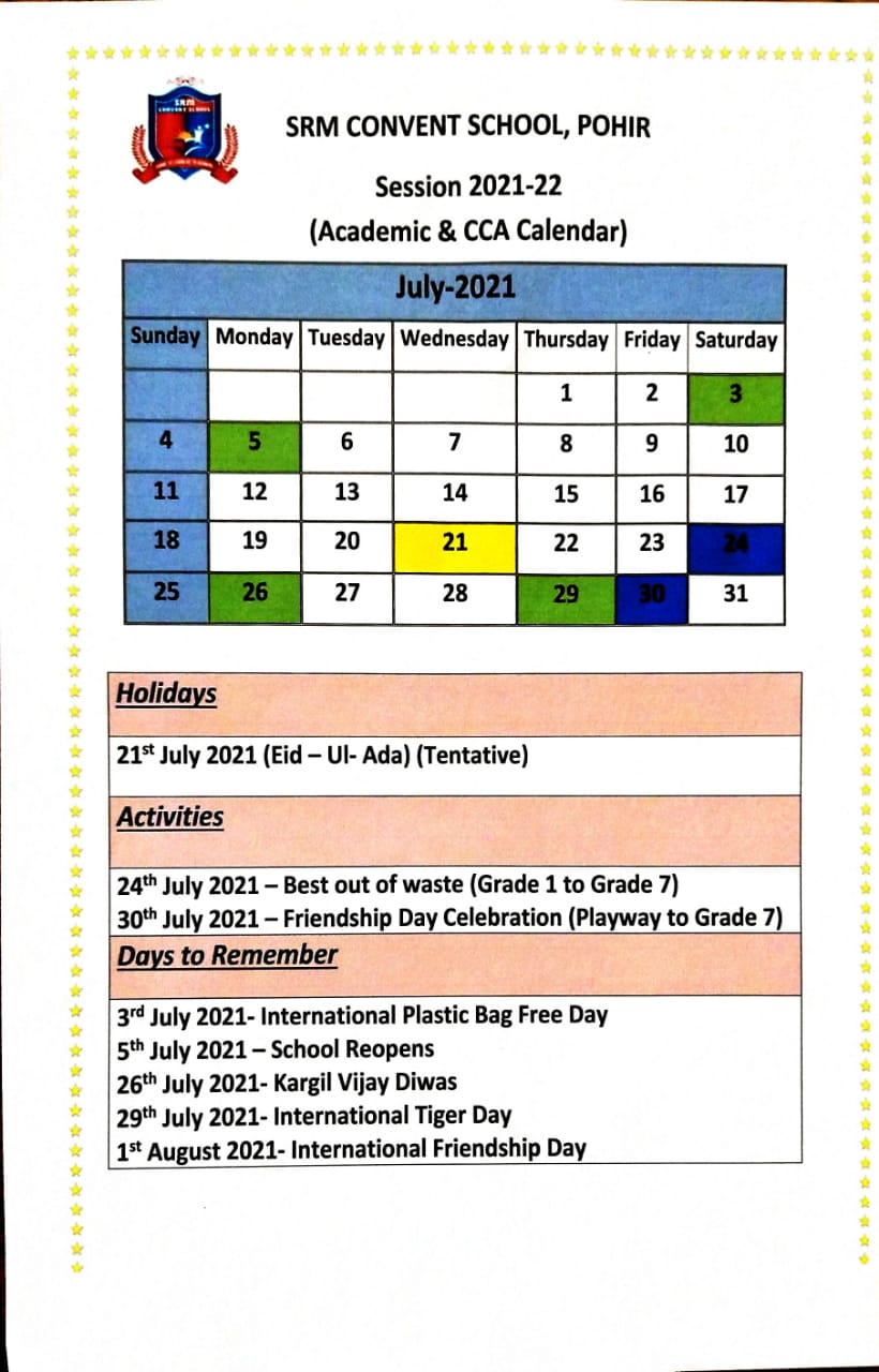 Academic & CCA planner for July 2021 – SRM Convent School