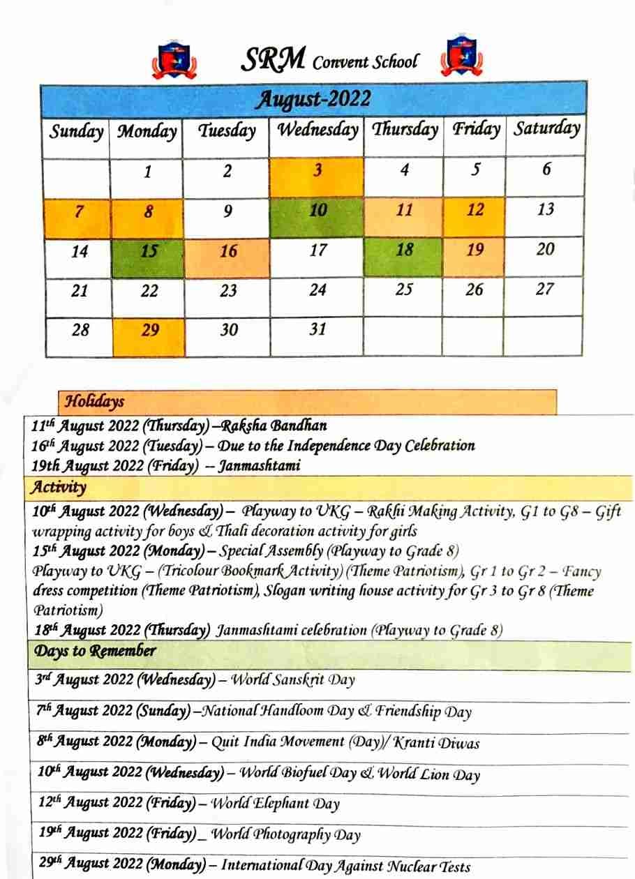 Calendar – August 2022 – SRM Convent School