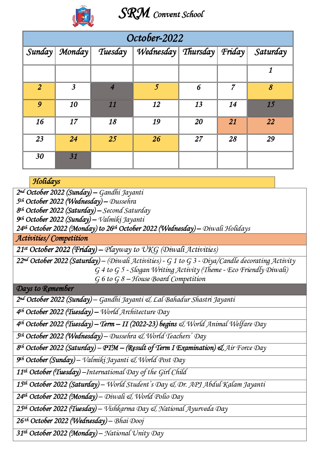Calendar – October 2022 – SRM Convent School