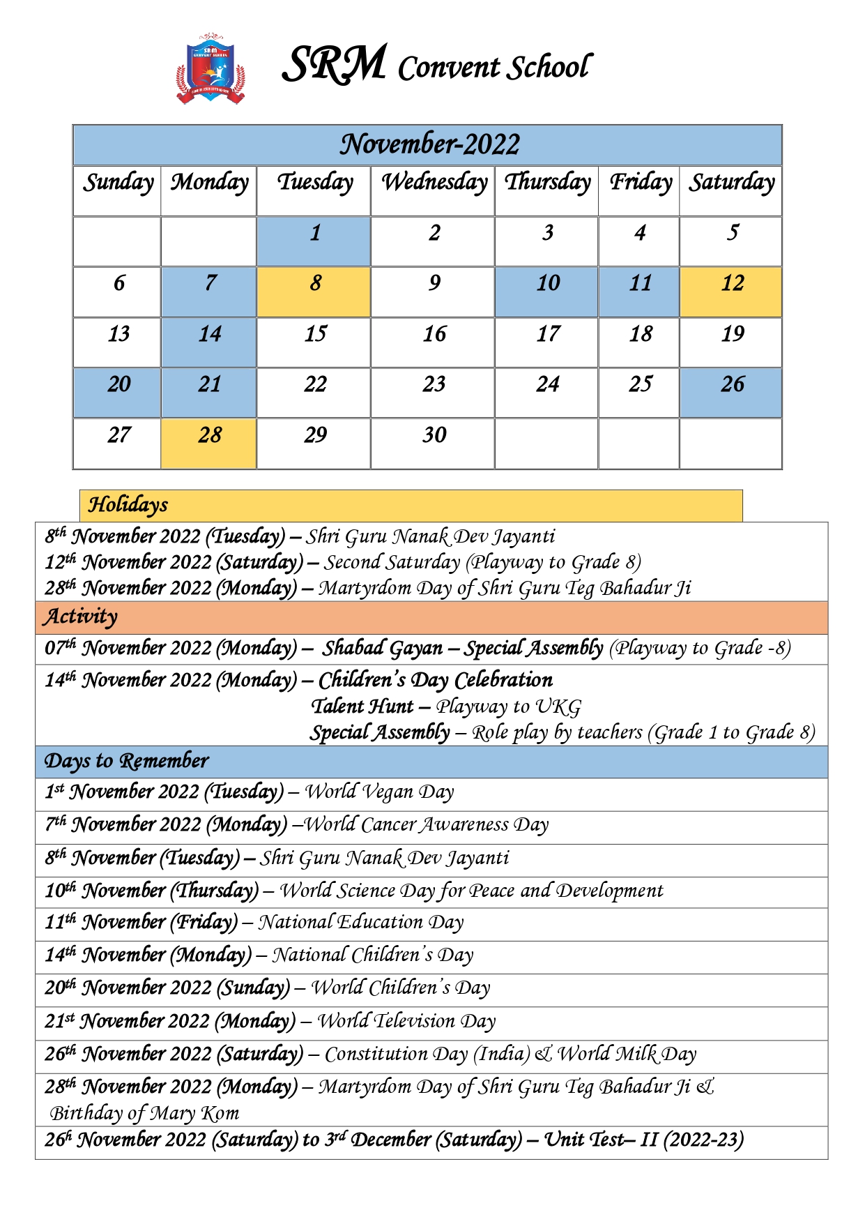 Calendar – November 2022 – SRM Convent School