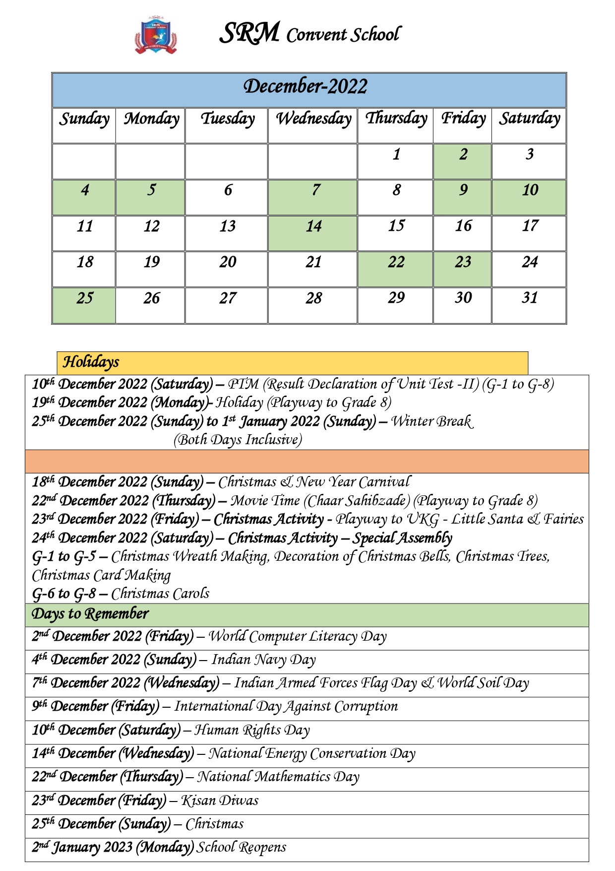 Calendar – December 2022 – SRM Convent School