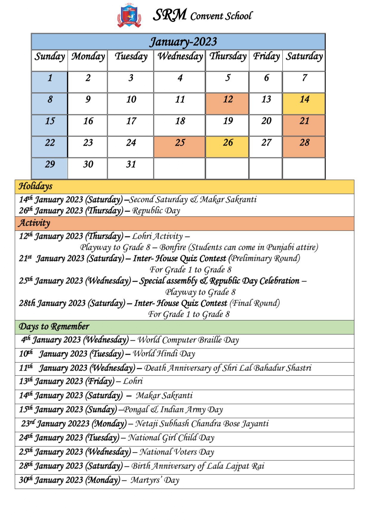 Calendar – January 2023 – SRM Convent School