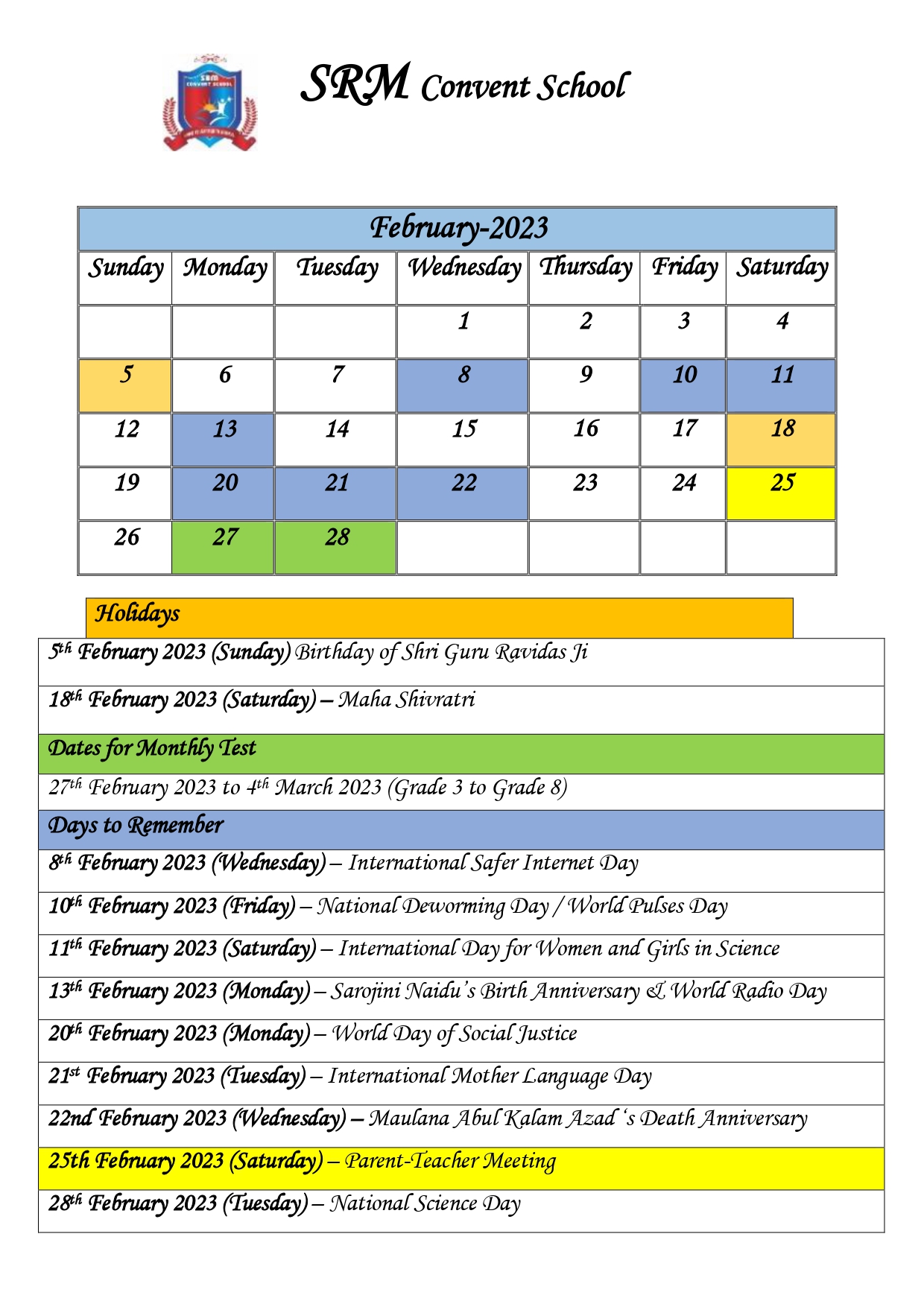 Calendar – February 2023 – SRM Convent School