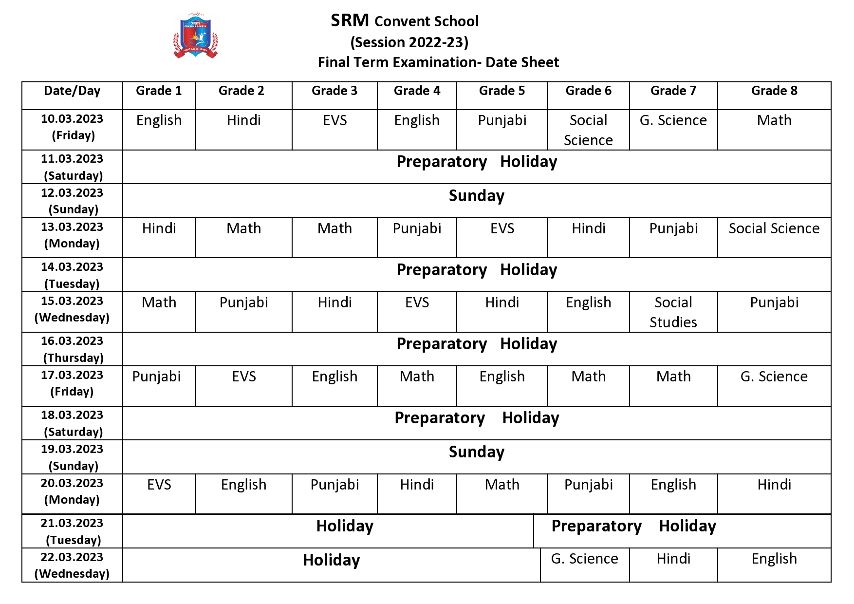 Date Sheet – Terminal Examination – 2022-23 (Grade 1 to Grade 8) – SRM ...