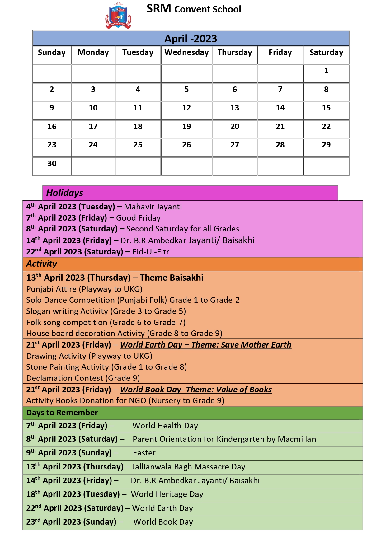 Calendar – April 2023 – SRM Convent School