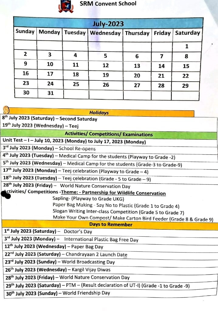 Calendar – July 2023 – SRM Convent School