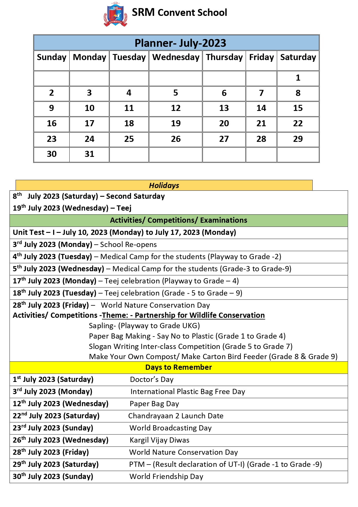 Calendar – July 2023 – SRM Convent School
