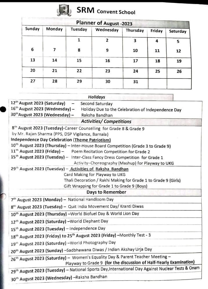 Calendar – August 2023 – SRM Convent School