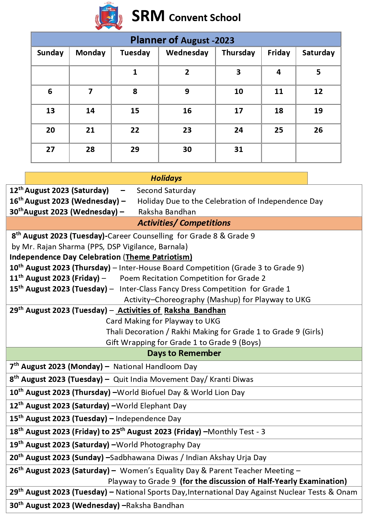 Calendar – August 2023 – SRM Convent School