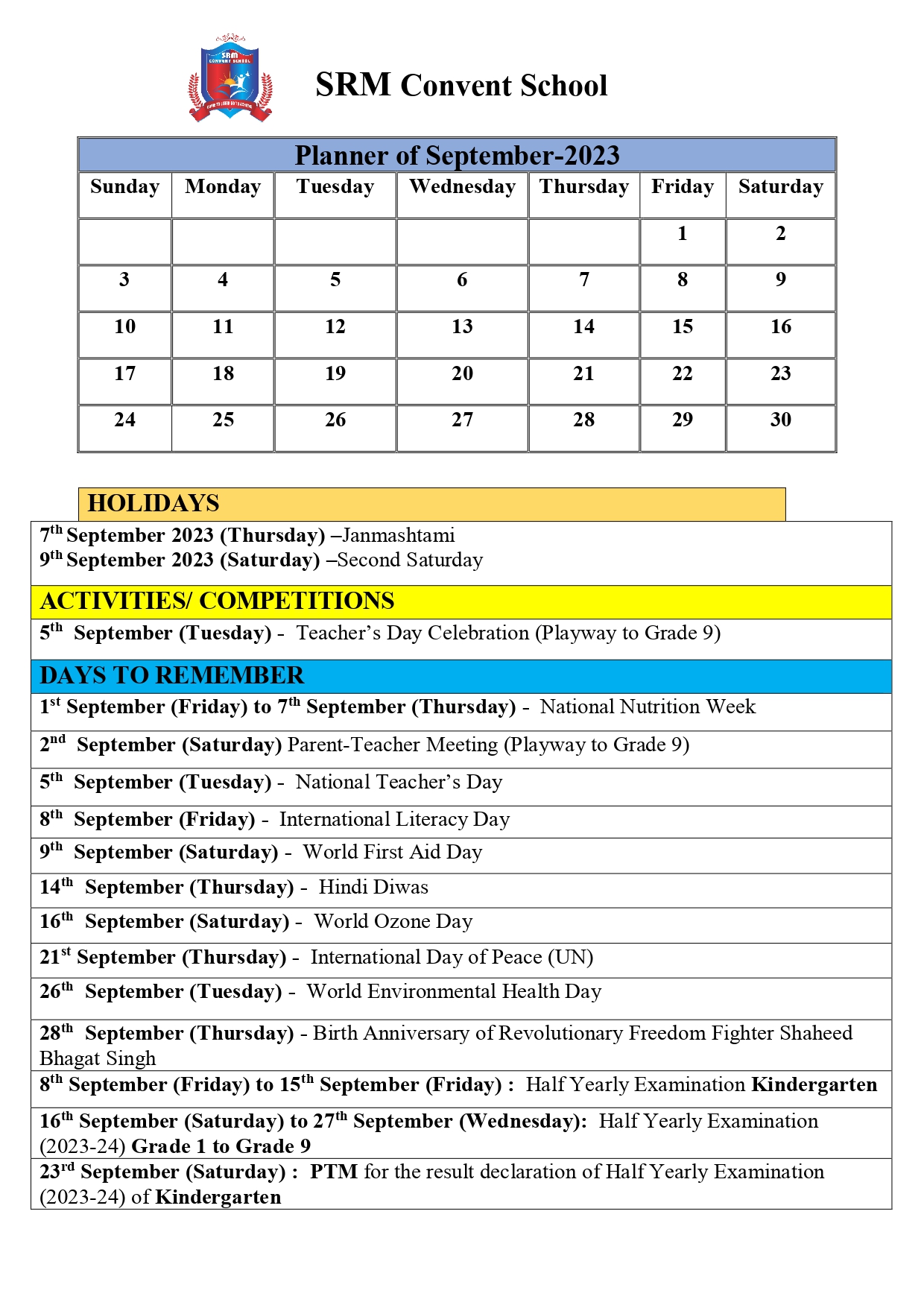 Calendar – September 2023 – SRM Convent School