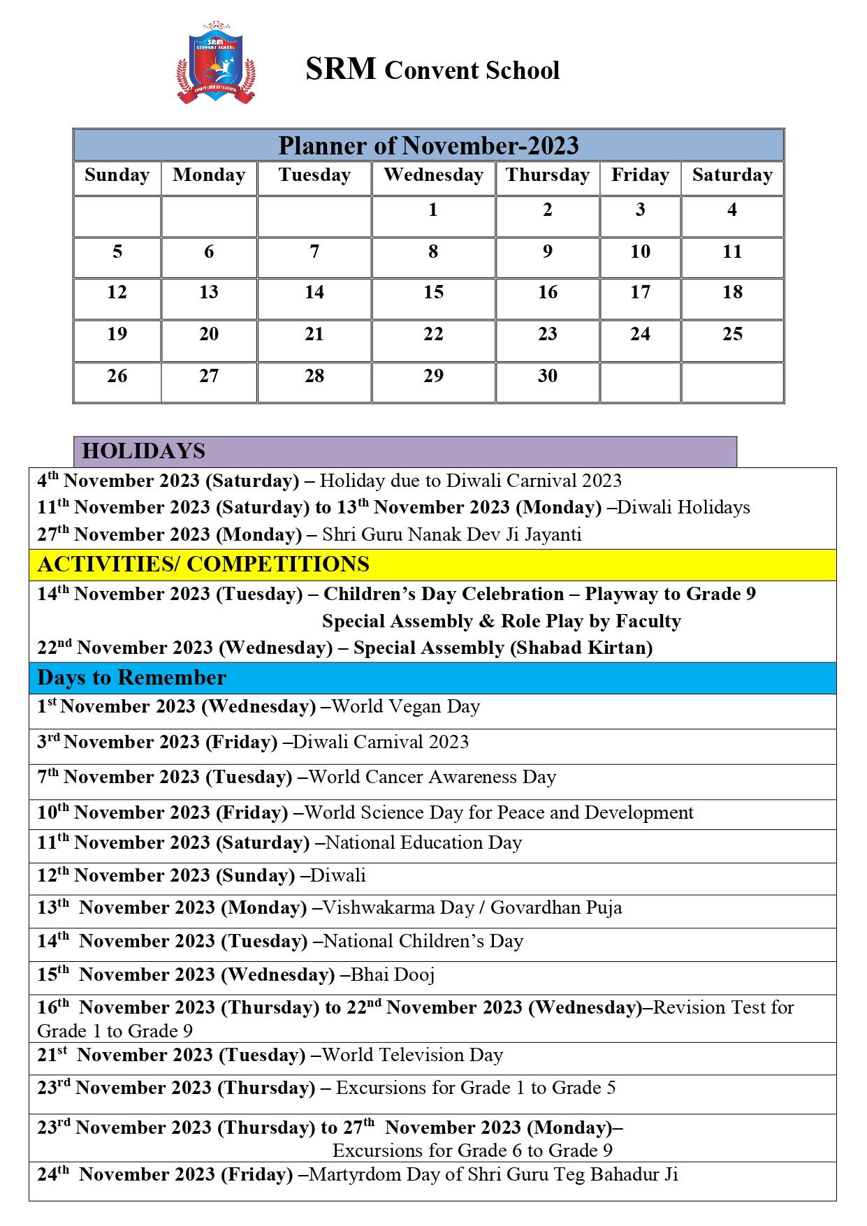 Calendar – November 2023 – SRM Convent School