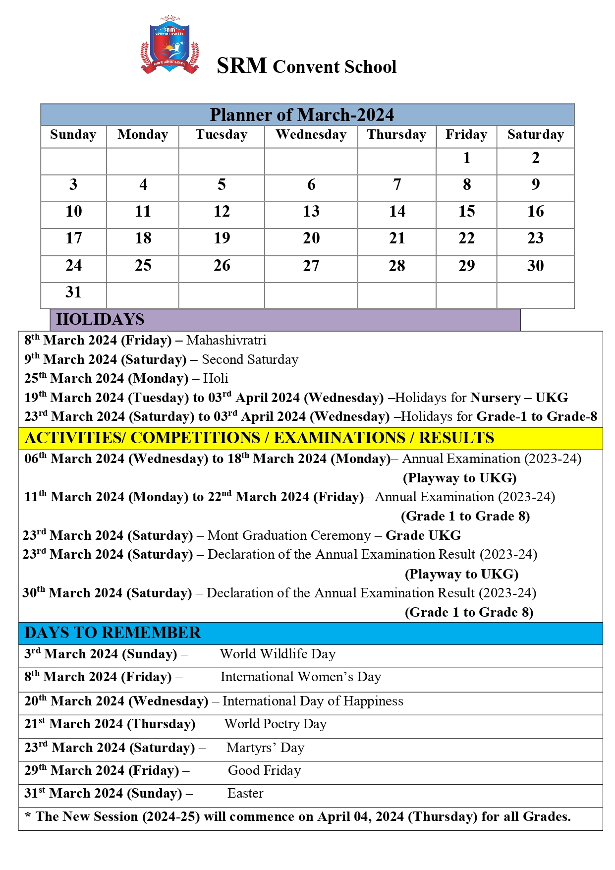 Calendar – March 2024 – SRM Convent School
