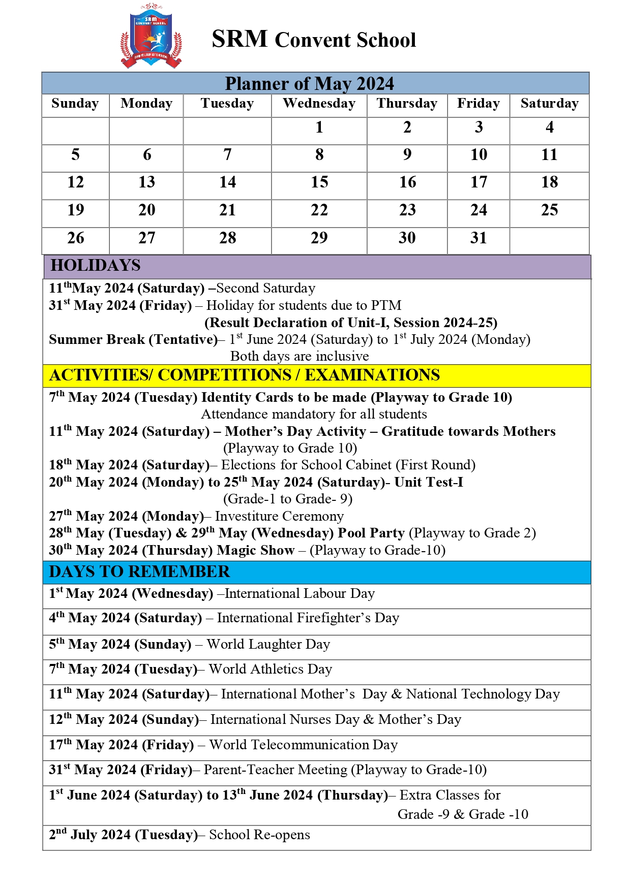 Calendar – May 2024 – SRM Convent School