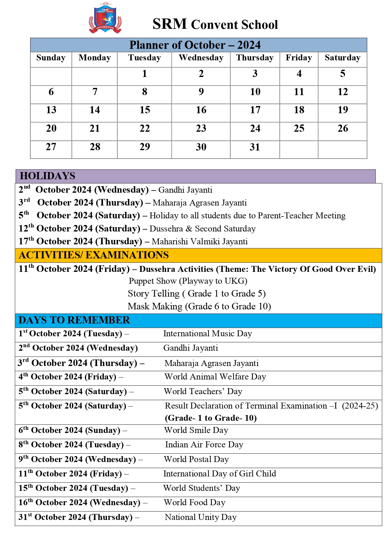Calendar – October 2024 – SRM Convent School