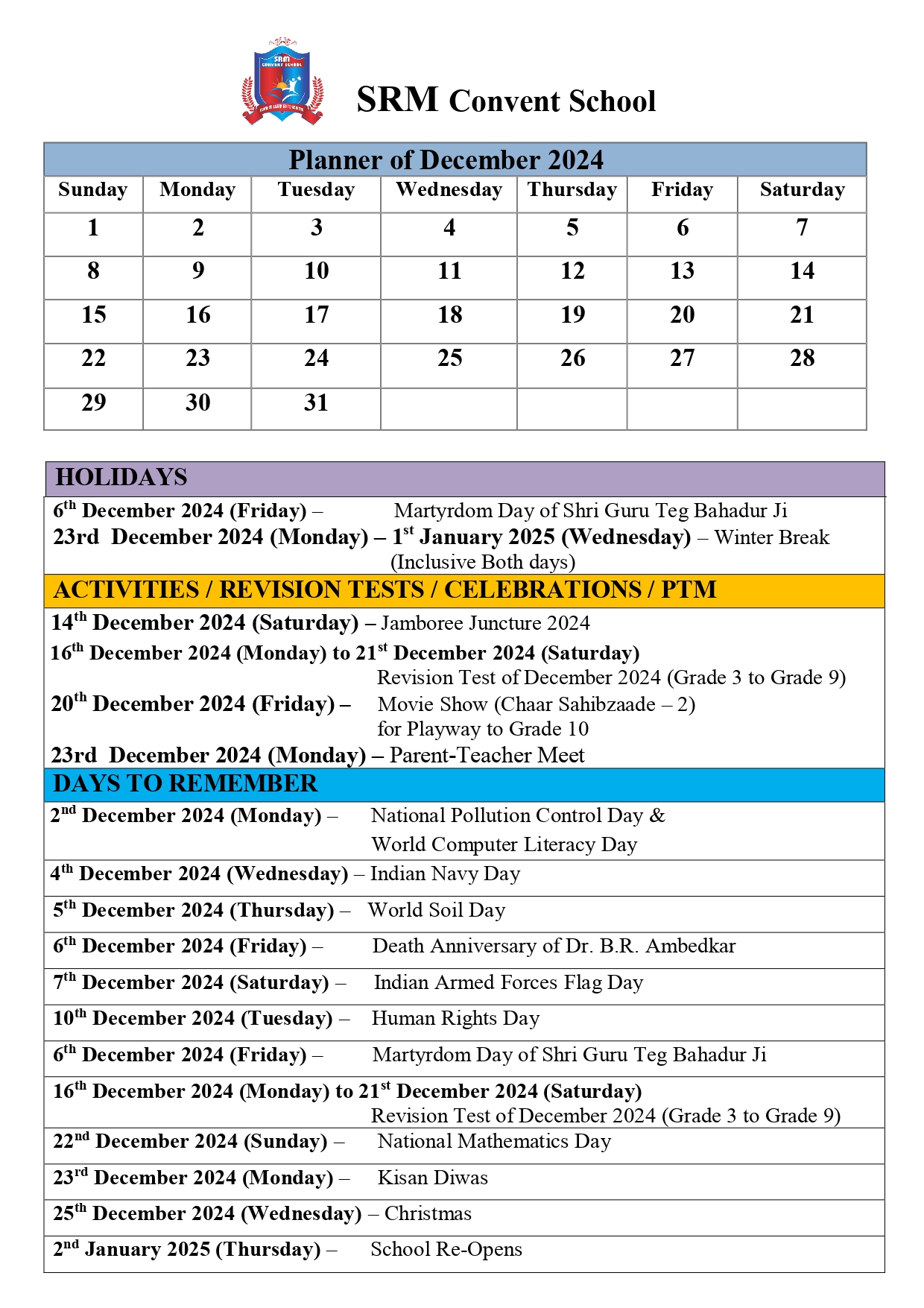 Calendar – December 2024 – SRM Convent School